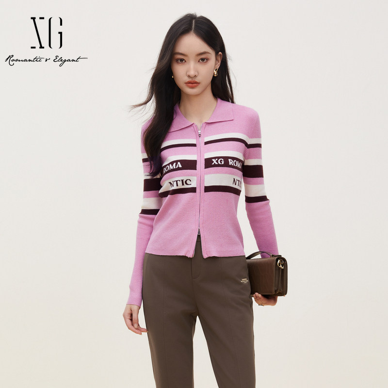 XG/雪歌V领针织衫女长袖2024秋修身休闲新款开襟毛衫XK311746B816