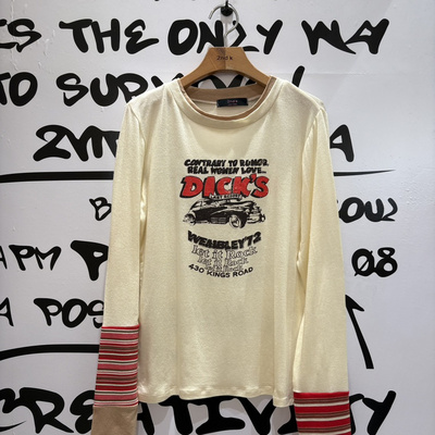 不对称拼接袖条纹宽松印花T恤