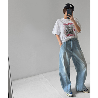 韩国水洗磨白宽松高腰牛仔长裤