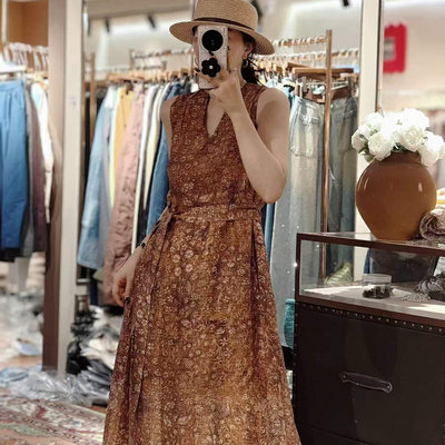 诺诺家假风V领桑蚕丝亚麻印花轻奢气质连衣裙(配腰带)YS86-G508