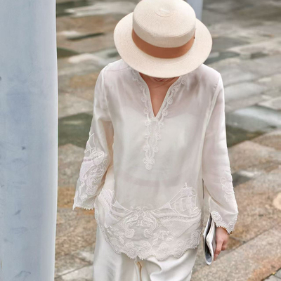 诺诺26年早春法式复古V领刺绣时尚显瘦气质小衫X320216