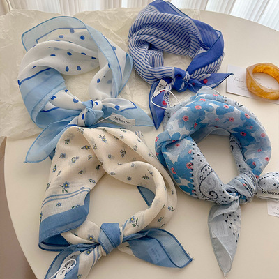 蓝色系58cm棉麻腰果小方巾春夏秋季薄款装饰围巾护脖领巾发带头巾