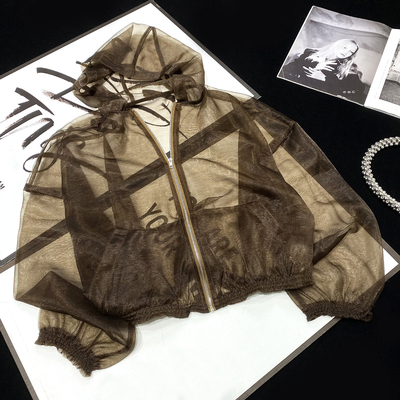 CCA自制美式辣妹风透视网纱连帽夹克外套拉链短款带帽防晒衣女夏