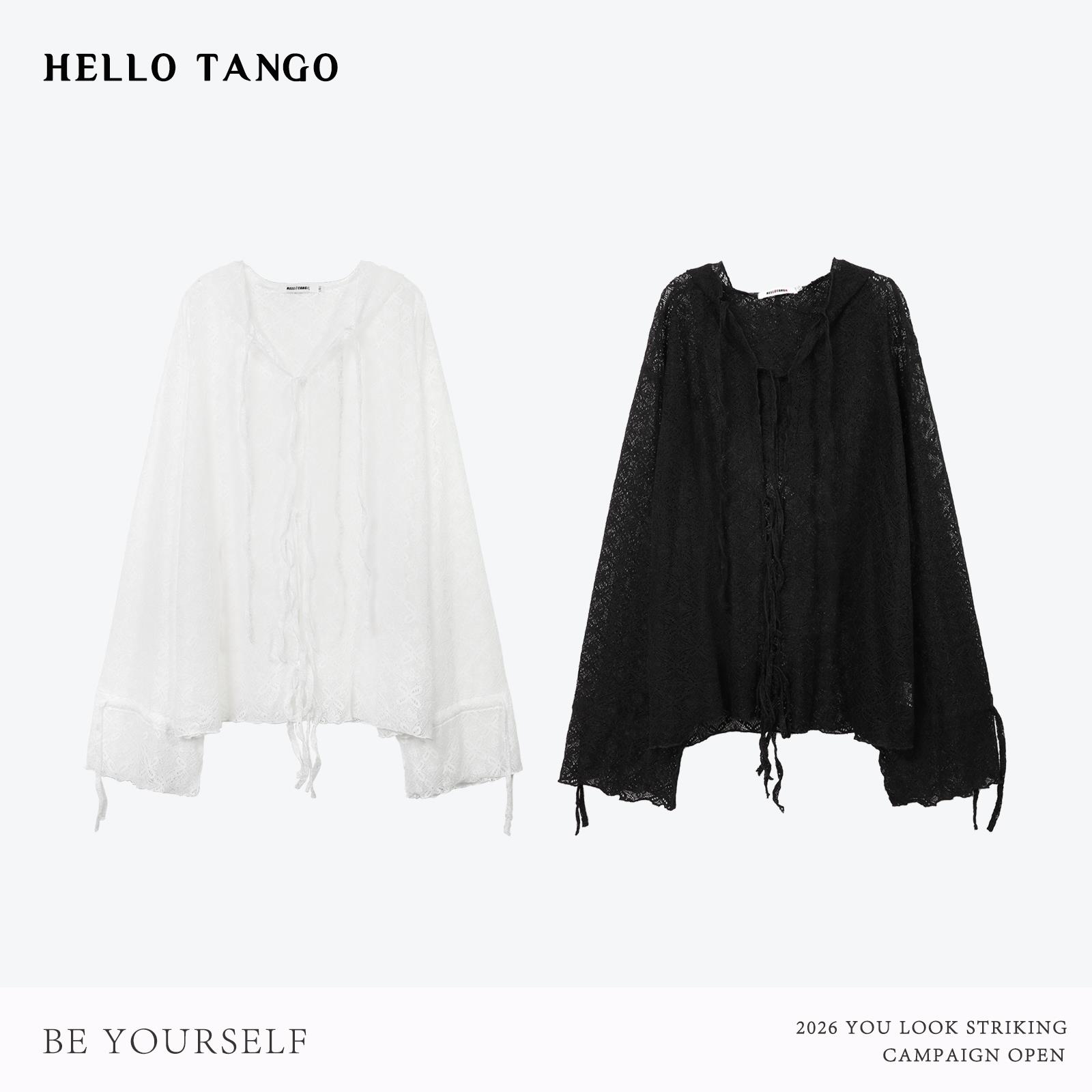 HELLOTANGO《复古余温》春夏韩系复古钩花镂空长袖连帽罩衫56386#
