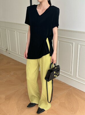 醋酸V领垫肩短袖T恤简约开叉上衣