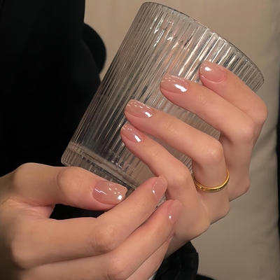 Hailey海莉同款欧美气质裸粉色月光珍珠极光穿戴甲纯手工光疗婚甲