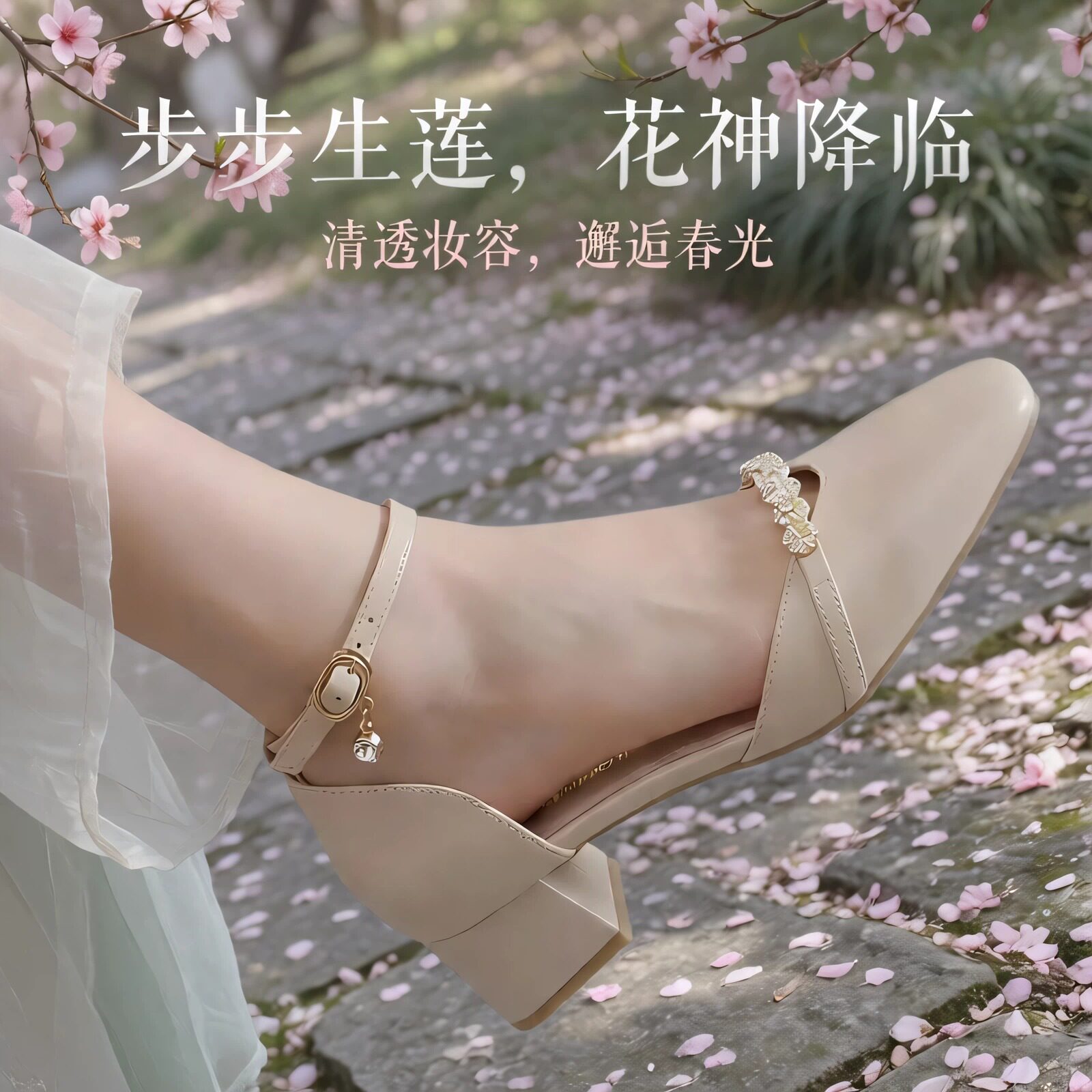 夏粗跟包头凉鞋女2026新款中跟仙女风一字带软皮方头单鞋百搭配裙