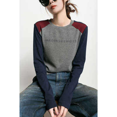 chill拼色收腰印花长袖T恤女打底