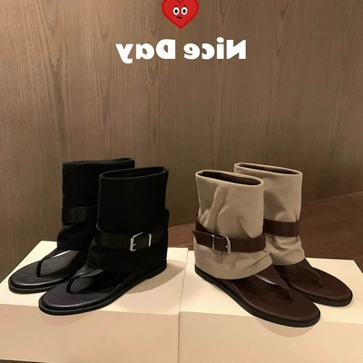 葡萄妈同款夏季内增高人字凉鞋女拼色皮带扣夹趾辣妹中筒凉靴