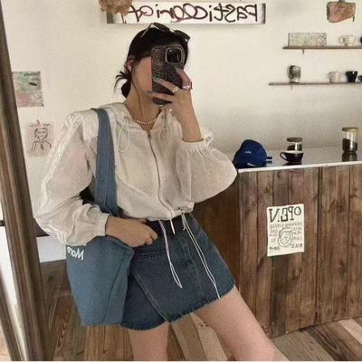 实拍高货韩版时尚百搭显瘦杠条拼接连帽拉链防晒短外套23822