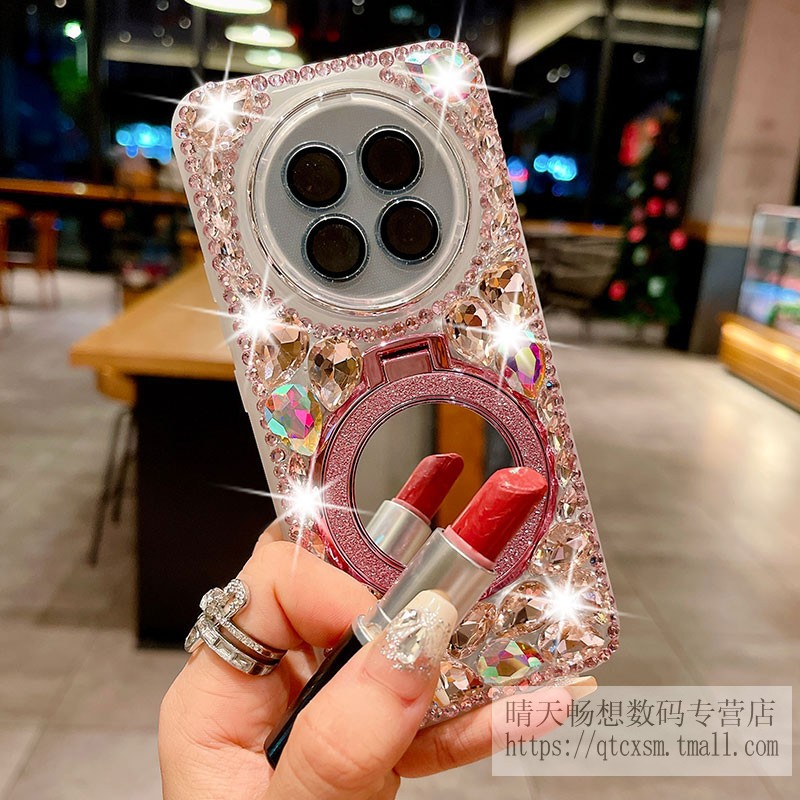 适用于荣耀x80promax手机壳新款honorx80promax硅胶软壳全包镜头防摔带挂绳补妆镜子支架钻时尚奢华高级感女