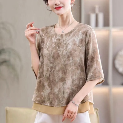 国风圆领中袖印花女上衣T恤小衫