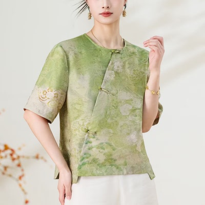 国风真丝女斜襟盘扣上衣T恤小衫