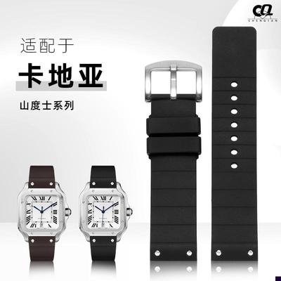 适配原装卡地亚山度i士桑托斯Santos100硅胶橡胶表带男士表链黑色