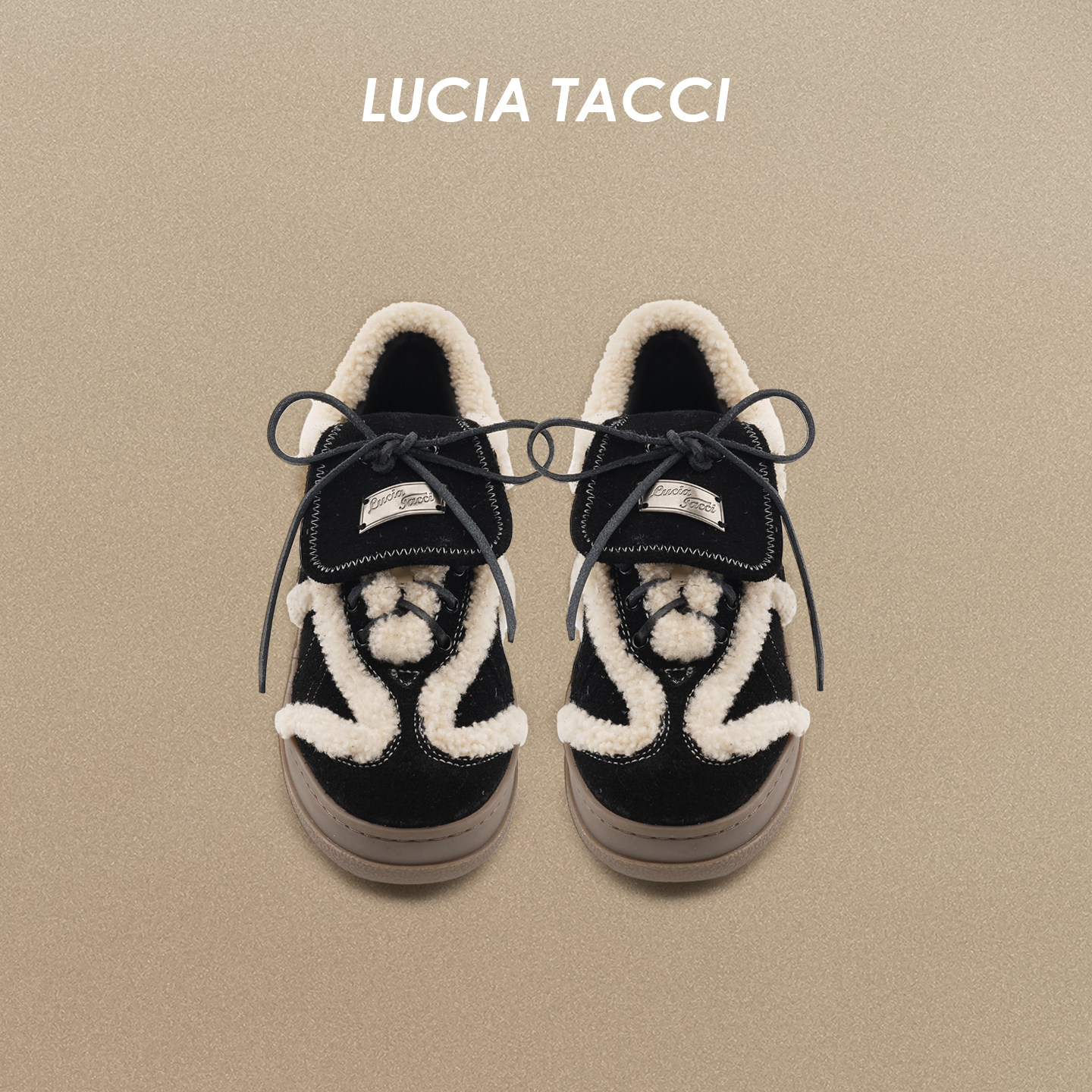 LUCIA TACCI秋冬经典牛反绒羊毛厚底增高休闲鞋毛绒保暖德训鞋女