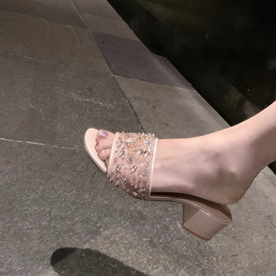 羊皮版~绝美RC水钻粗跟凉拖鞋女