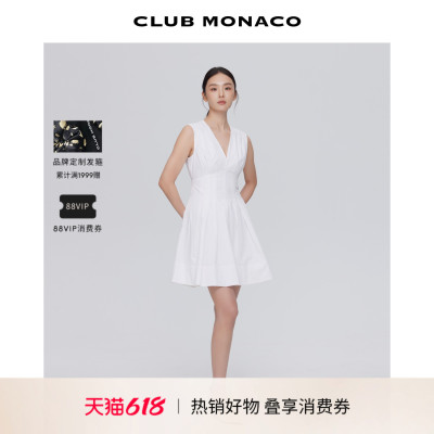 CLUB MONACO女装V领无袖简约收腰气质都市时尚纯白连衣裙