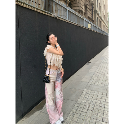 Mas Mash西野暮色 立体印花休闲牛仔长裤直筒显瘦阔腿裤