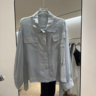 欧洲站2026夏季新款通勤百搭翻领镂空刺绣单排扣长袖衬衫女66C15