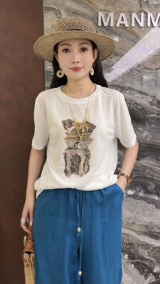 曼曼家2026夏新款时尚洋气猫头鹰图案圆领舒适百搭短袖T恤女65151