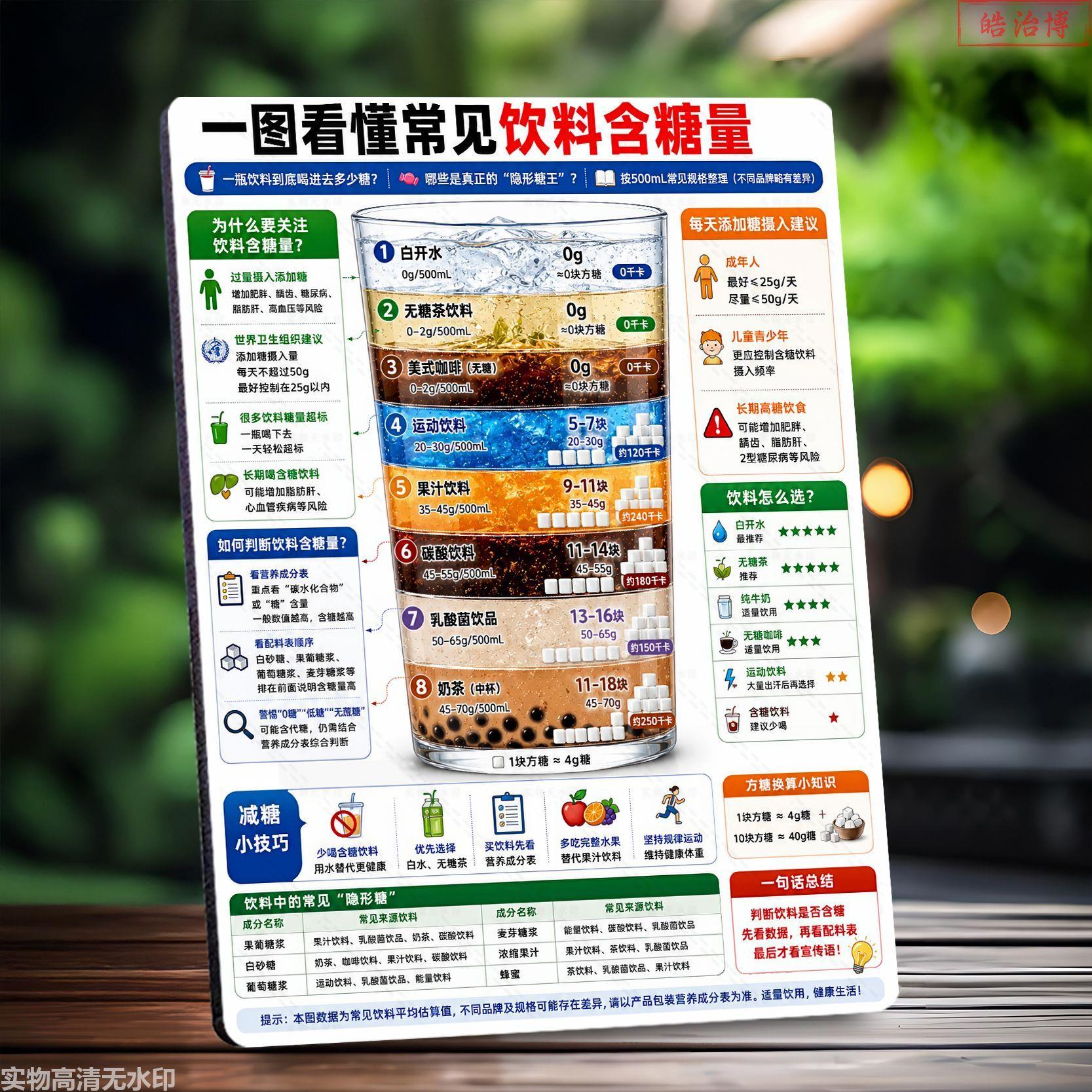 常见饮料含糖量减脂馆桌面介绍展示板相框健康饮食宣传装饰画摆台