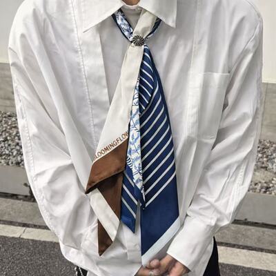 原创小众褶皱印花丝巾领带免打结