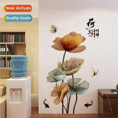 Chinese  lotus cozy bedroom wallpaper room bedside wall deca