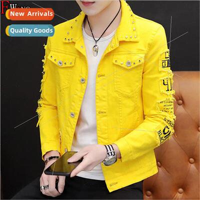 2020 fall personality denim jacket mens Korea hole denim clo