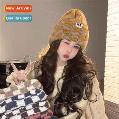 Woolen cap female fall and winter checkerboard checkerboard