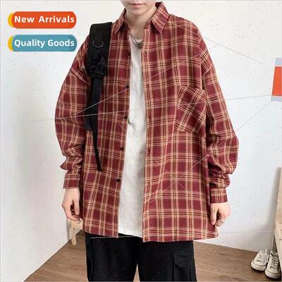Red plaid shirt mens long-sleeved shirt gang handsome nd hig