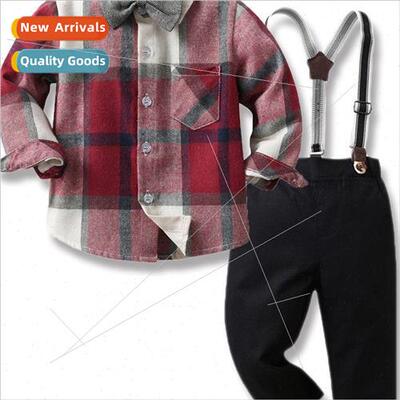 Autumn plaid long-sleeved top bow tie gentleman strap pants