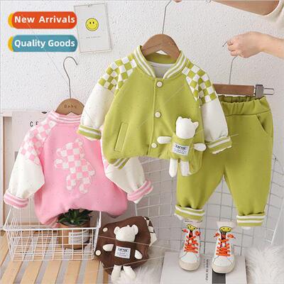 2024 spring new plaid pocket bear suit cartoon suit 1-5 year