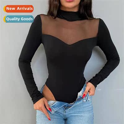 2023 womens fall new net color mesh splicing lg-sleeved vers