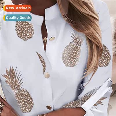2023 Women Autumn Fashi Pineapple Printing Lg Sleeve Shirt W
