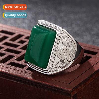 Ethnic style domineering mens green agate ring retro mens gr