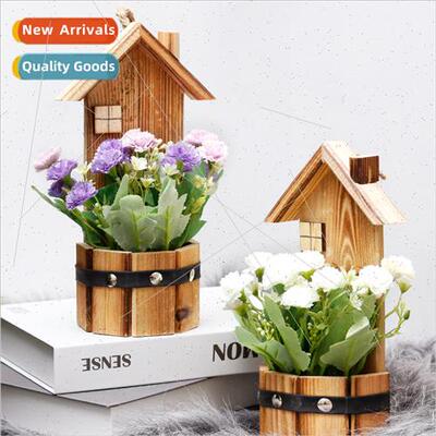 Home Decorations mulation lilac flowers wooden house potted