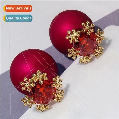 mple snowflake earrings red pearl double-sided earrings fros