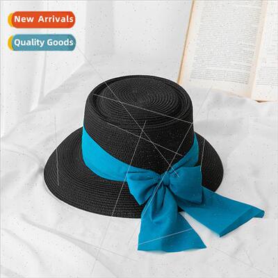 Hepburn blue ribbon bow straw hat female retro concave head