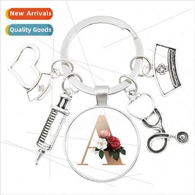 New Whe Letter Series Stethoscope Nurse Keychain Round Glass