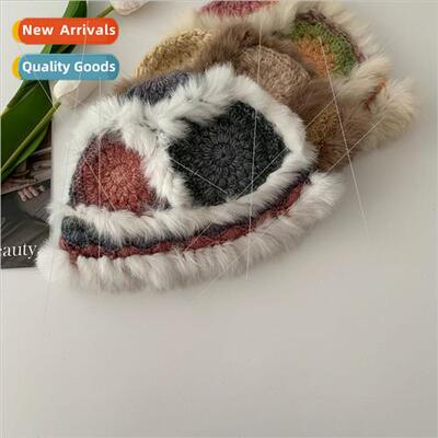 2023 new color blocking rabb hair knted plush hat female aut