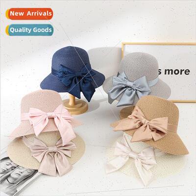 2023 new women bow large brim straw hat cute sweet wind stra