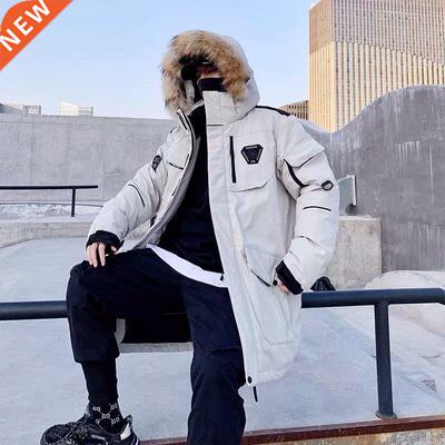 Men's White Duck Down Jacket Cargo Warm Hooded Thick Puffer