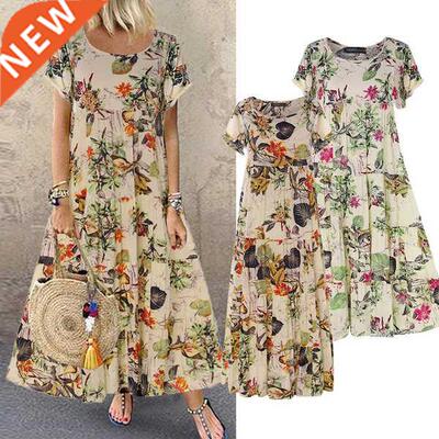 Vintage Floral Long Dress Women Summer Elegant Linen Short S