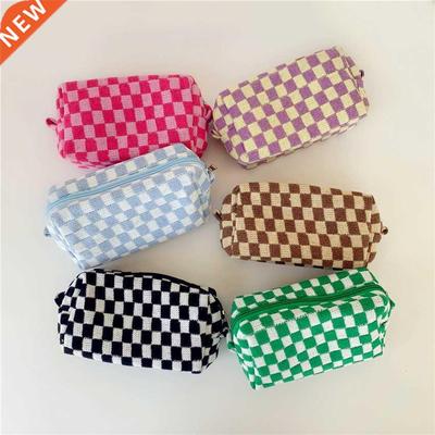 Checkerboard Lattice Makeup Bag Knitted Fabric Women Cosmeti