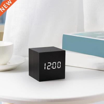 LED Wooden Alarm Clock Watch Table Voice Control Electronic