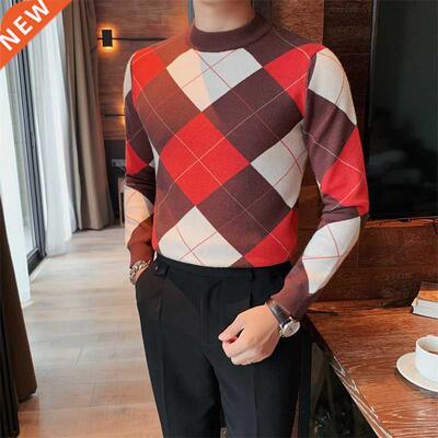 British Style Men's Sweater Contrast Argyle Knit Crew Half T