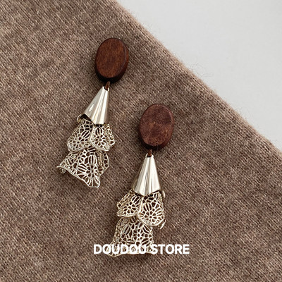 DOUDOUSTORE925银针秋冬长款木质耳环轻奢设计感镂空金属耳饰女