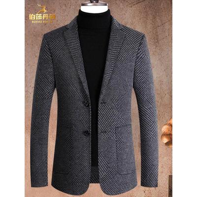 伯莎丹顿羊毛西装外套男冬季修身加厚双面呢单西休闲羊绒西服外套