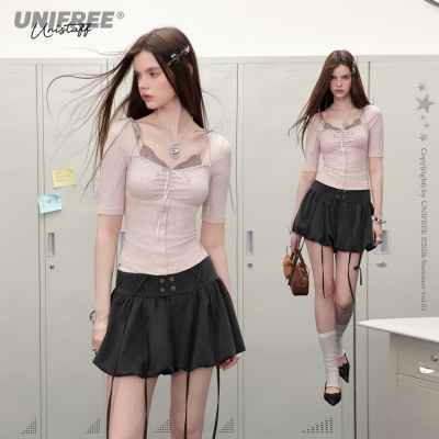 【昕怡粉丝专享】UNIFREE粉色蝴蝶结针织短袖T恤U261G051Z1Z1
