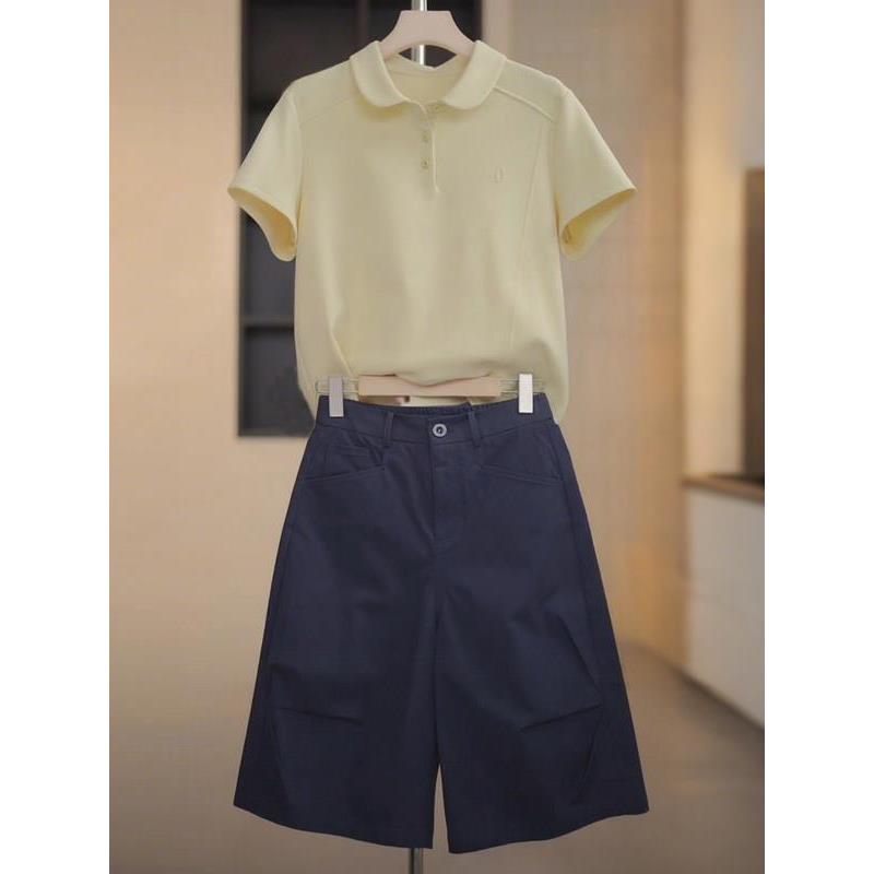 高端品质夏日慵懒风套装女夏款Polo领短袖上衣阔腿五分短裤两件套